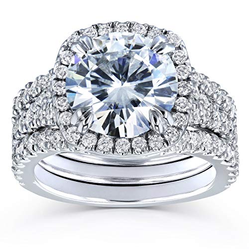 Kobelli Round Forever One D-F Moissanite Cushion Halo Bridal Wedding Set 4 1/3 CTW 14k White Gold 3 Piece Set, 6.5
