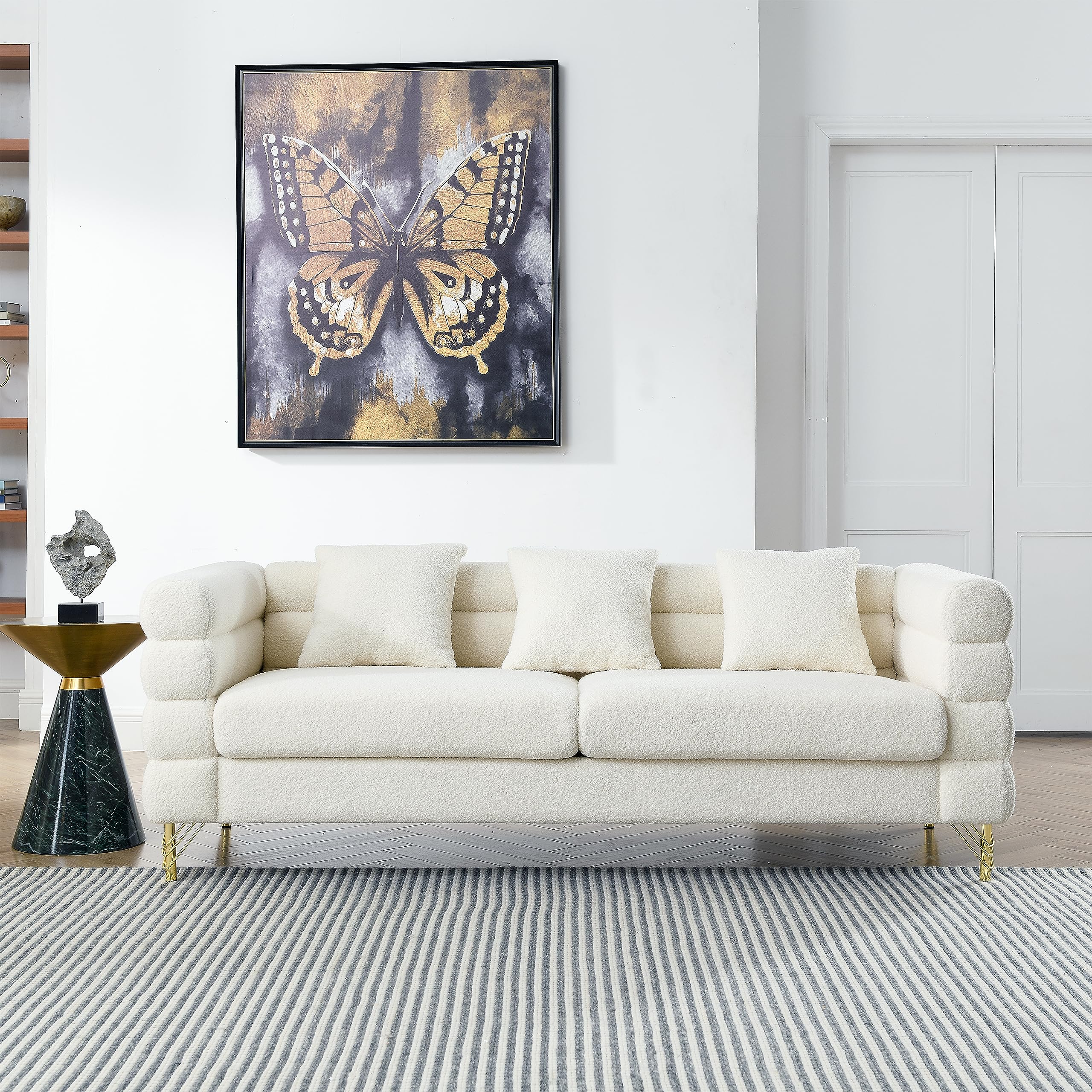 KATBOC Sofa Oversized 3 Seater Sofa 81-inch Modern Living Room Sofa Couch Teddy Fabric Upholstered Sofa Deep Seat Couch with 3 Pillows for Living Room Bedroom (White)