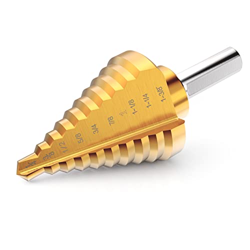 SILATU Step Drill Bit - 1/4” to 1-3/8” Step Drill Bits for Metal, High Speed Steel Titanium Coated Stepping Bit, Unibit Ten-Flute Step Drill Bit Sizes for Wood, Metal, Plastic, Multiple Hole