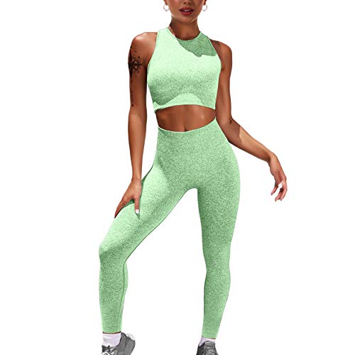 Nicytore Women’s Seamless 2 Piece Outfits Athletic Yoga Workout Raceback Crop Top and Short Tracksuit Green