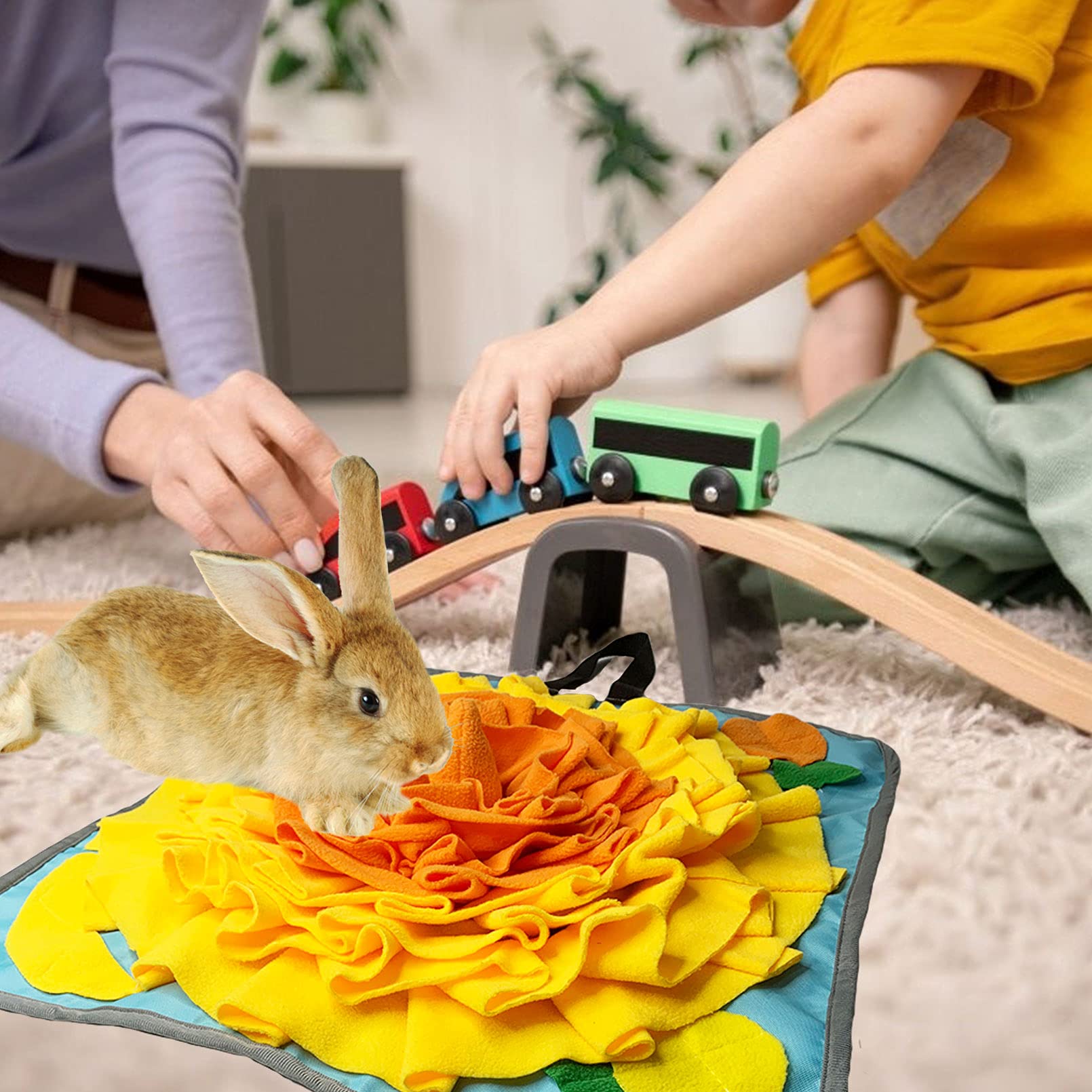 kathson Rabbit Foraging Mat with Fixable Handle 20" × 20" Washable Polar Fleece Pet Snuffle Pad Bunnies Nosework Training Treat Dispenser for Rabbits Bunny Guinea Pigs Chinchillas (Orange)