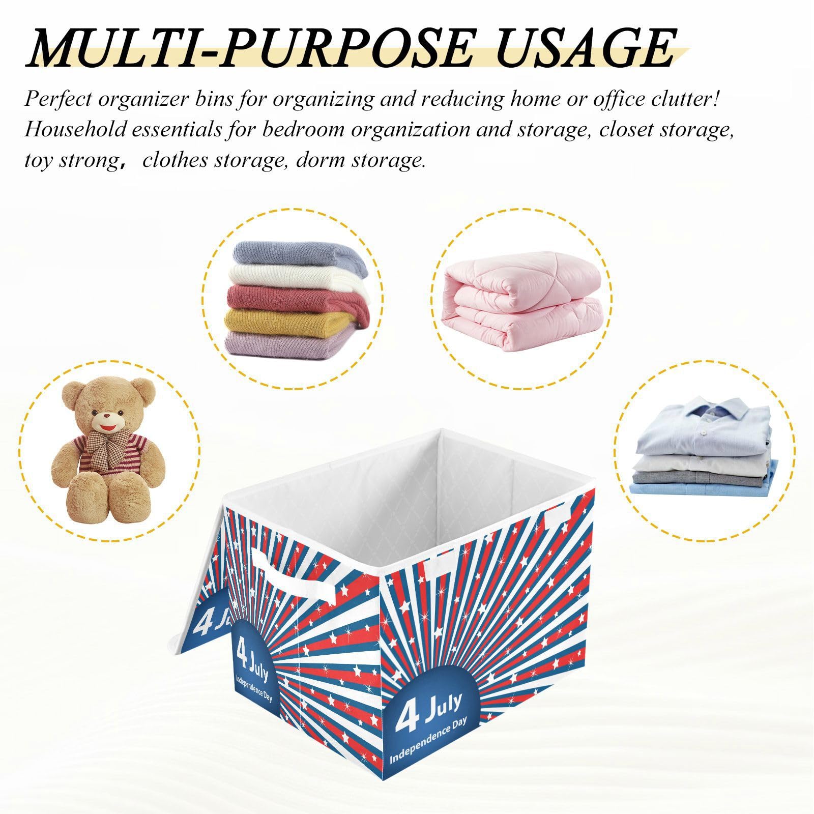 YETTASBIN 4th of July Storage Basket with Lid and Handles, Large Collapsible Fabric Storage Bins Sturdy Storage Organizer for Shelves, Closet, Bedroom, School, Office, Home Decor