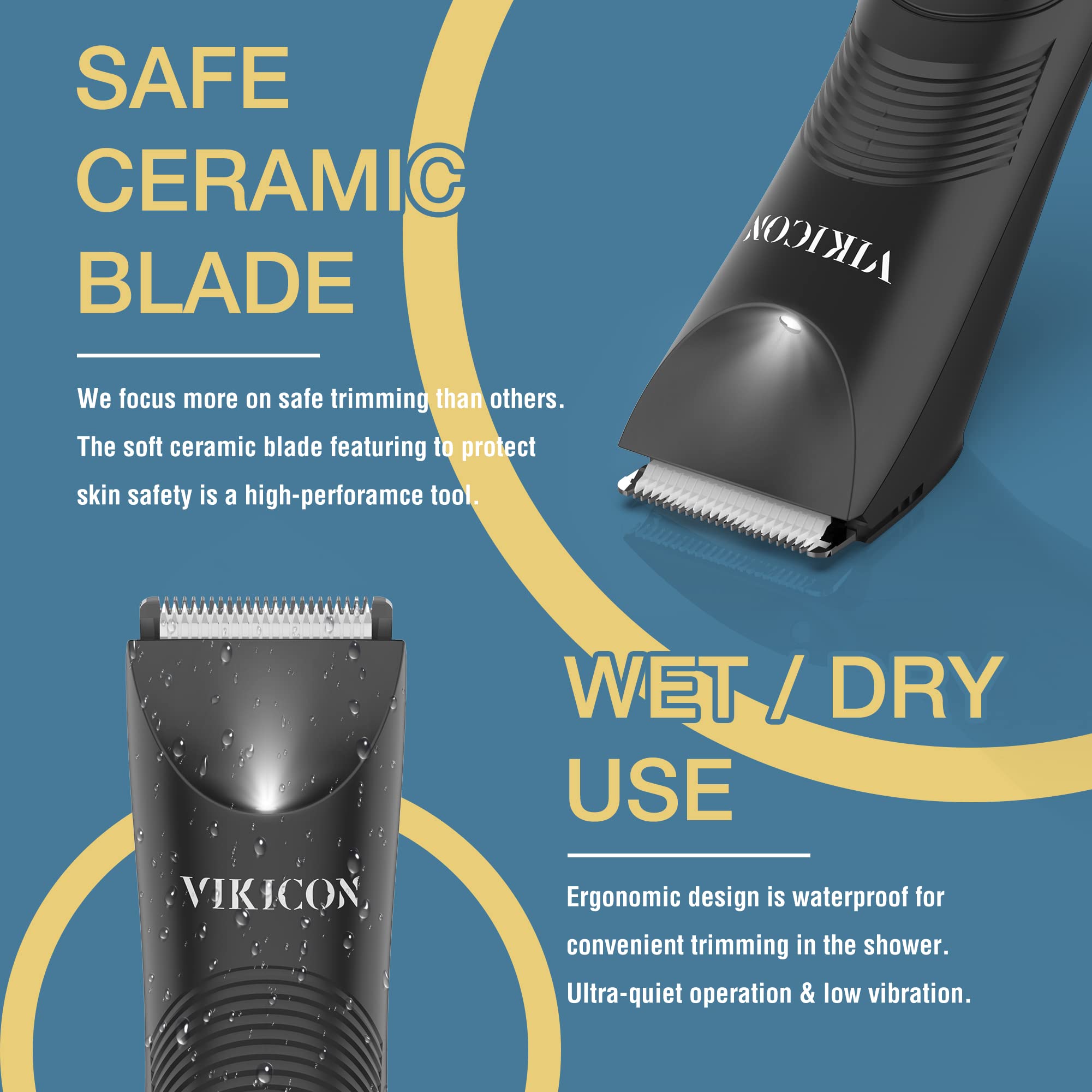 VIKICON Groin&Body Trimmer for Men, Electric Ball Shaver, Replaceable Ceramic Blade Groomer, Pubic Grooming Clipper Male Razor IPX7 Waterproof, USB Type-C Charging, 90Mins Shaving After Fully Charged