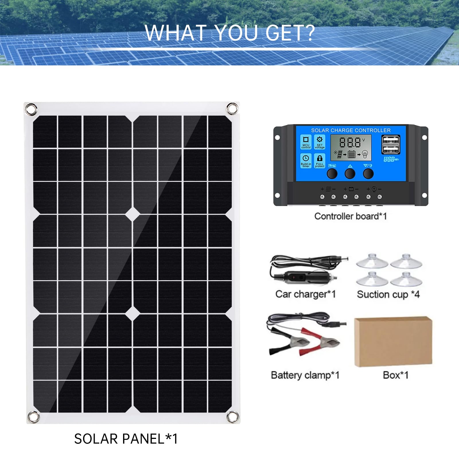 PerhGory Solar Panel Kit 25W 12V Monocrystalline Semi-Flexible, 10A Solar Charge Controller + Extension Cable with Battery Clips Battery Maintainer for Boat Car RV Motorcycle Marine Automotive