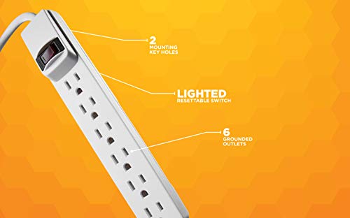 Woods 41436 Power Strip with 6 Outlets and Overload Safety Switch, 8 Foot Cord, White