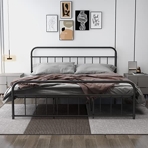 WJORATA Metal Platform King Size Bed Frame with Vintage Headboard and Footboard Steel Slat Support No Box Spring Required Easy Assembly, Black