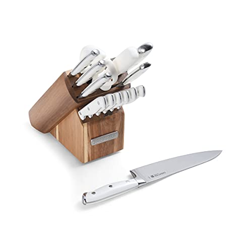 Sabatier 15-Piece Forged Triple Rivet Knife Block Set, High-Carbon Stainless Steel Kitchen Knives, Razor-Sharp Knife set with Acacia Wood Block, White Handles