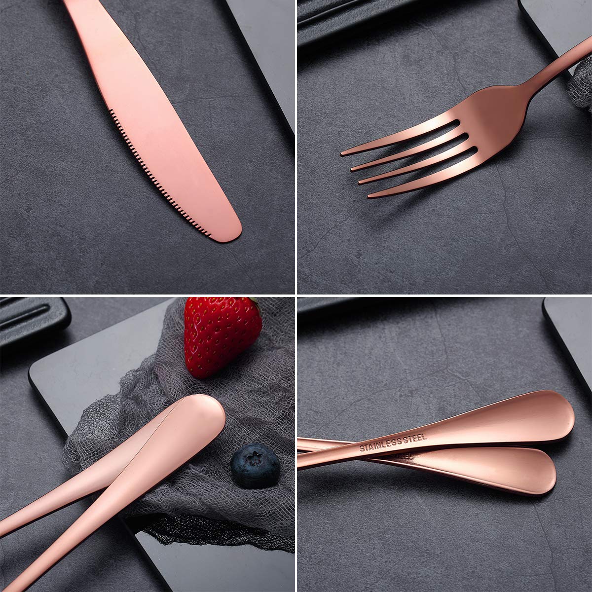 Rose Gold Flatware Set 20 Piece Service for 4, Copper Plated Stainless Steel Silverware set Service for 4 (Shiny, Copper)