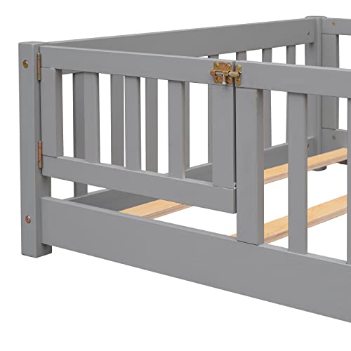 Twin Size Floor Platform Bed with Fence, Wooden Playpen Bed for Kids, Kids Fence Bed with Door, No Box Spring Needed (Grey)