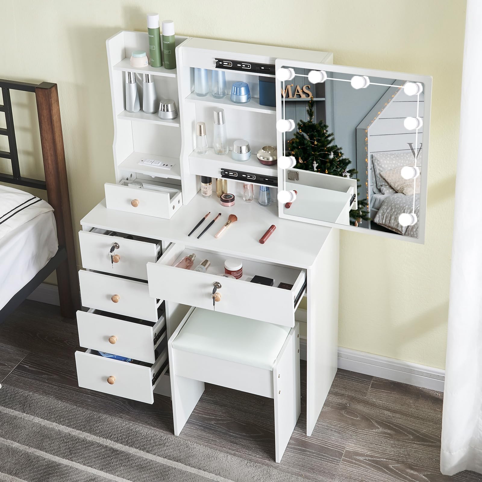 Lucaseone Makeup Vanity Desk with Lights Mirror, Vanity Desk with Sliding Mirror and 5 Drawers,Storage Shelves,Vanity Table for Bedroom (961905usb)