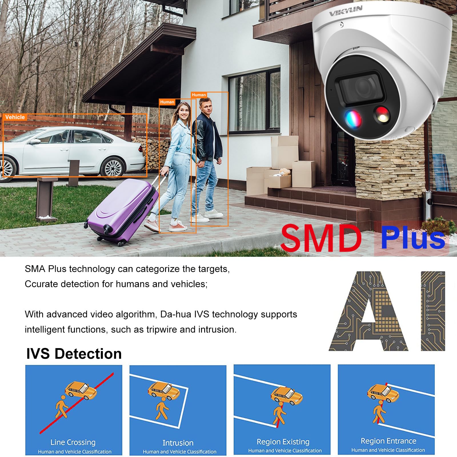 VIKYLIN 6MP IP Security Camera PoE, Indoor Outdoor Dome Camera with Mic/Audio, Human Vehicle Detection, 100ft IR Night Vision, Wide Angle 2.8mm Lens, IP67#YC2165I