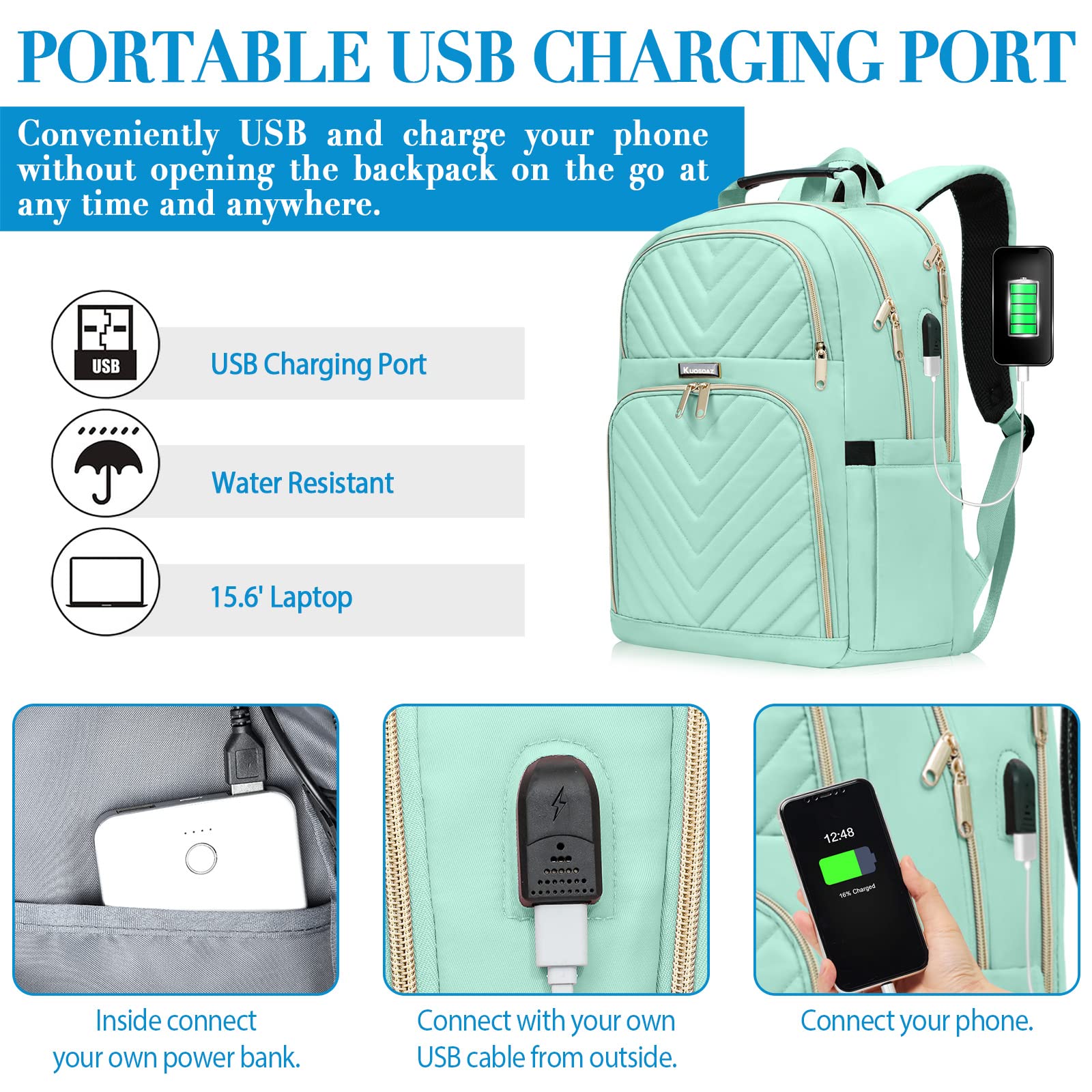 Kuosdaz Backpackf or Men Women, School Backpack for Boys Girls, 15.6 Inch Quilted Laptop Backpack with USB Charging Port, Large Bookbags for Teens, Teal