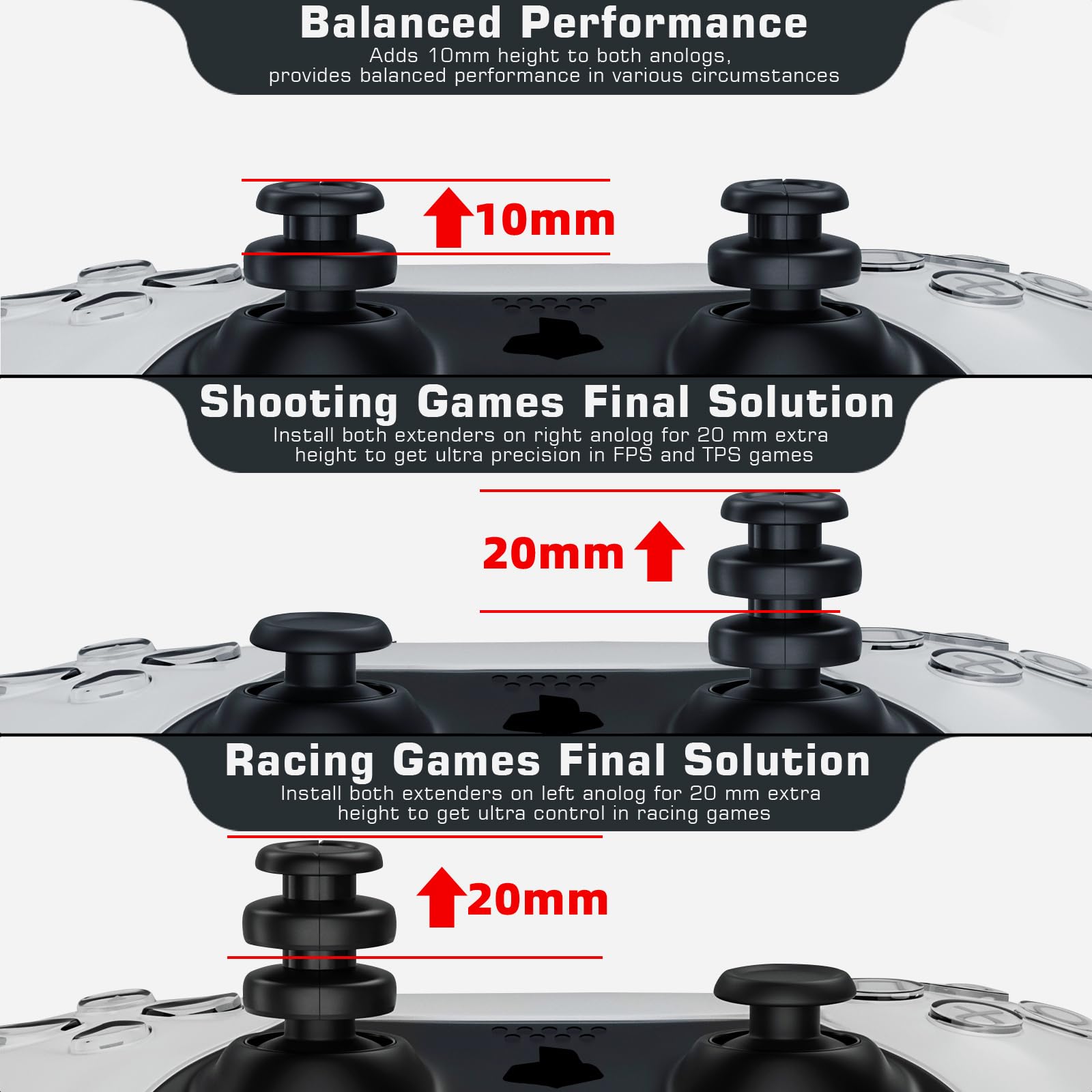 PlayRealm NO FALLING OFF Thumbstick Extender & Silicone Grip Cover 2 Sets for PS5 & PS4 Controller (Red Purple)