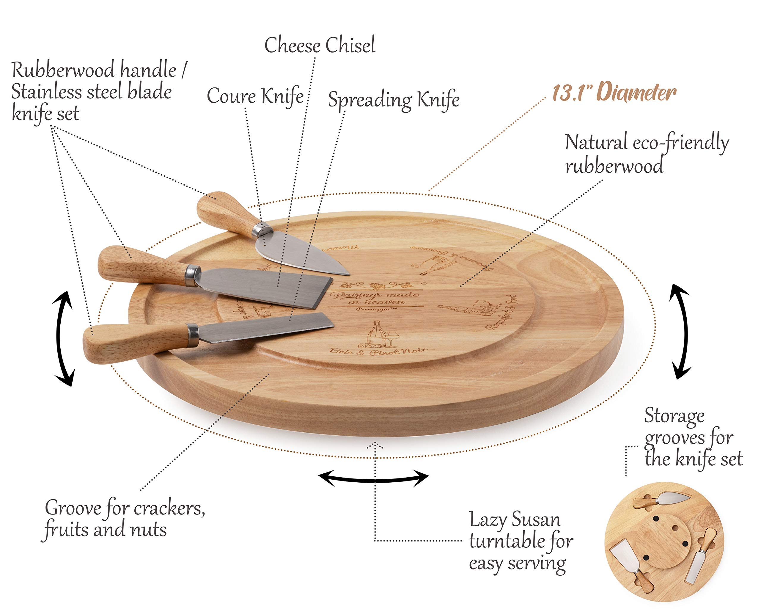 Permaggio Cheese Board and Knife Set, Wine and Cheese Serving Set, Lazy Susan Tray Charcuterie Platter 13.1", Natural Rubber Wood, Perfect Hostess Gift, Swivel Server Cheeseboard Gift Set