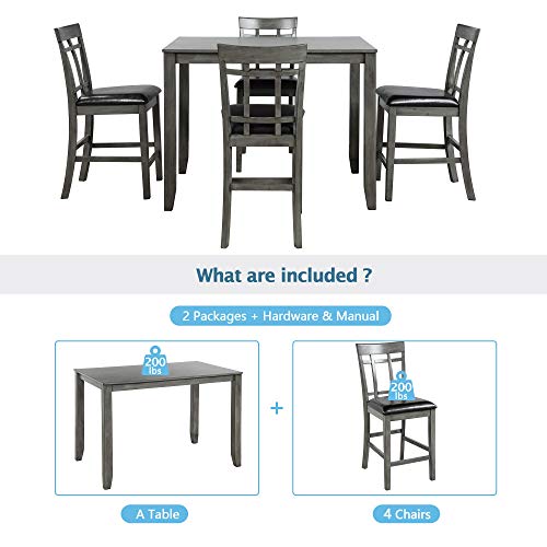 Woanke Set for 4, Vintage Rectangular Counter Height Bar Table with 4 Chairs for Dining Room, Pub and Bistro, Antique Graywash 5 Pcs