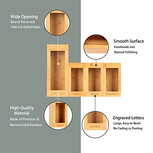 PJHOME Food Storage Bag Organizer Holders Bamboo Kitchen Cabinet Drawer Organization Compatible with Gallon, Quart, Sandwich & Snack Variety Size Bags