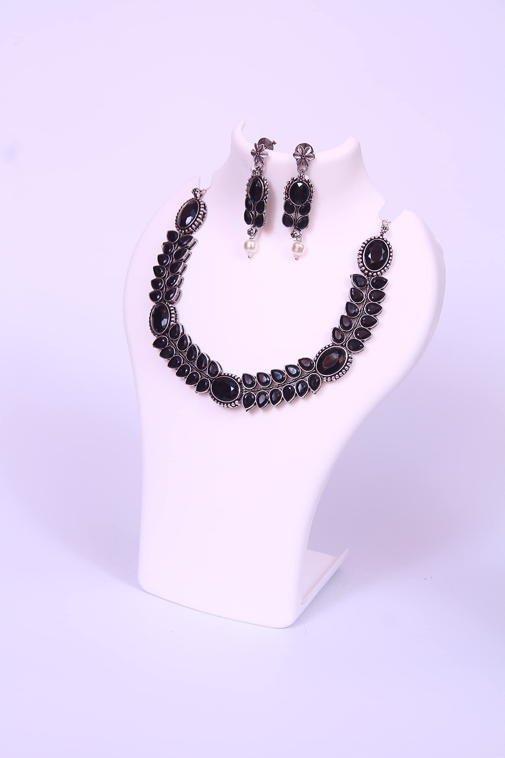 PS Traditional Silver Plated Black Stone Choker Leaf Style Wedding Jewelry Set for Women