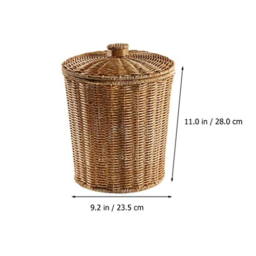Tofficu Plastic woven wastebasket Woven Storage Baskets with Lid Laundry Basket Paper Waste Basket Garbage Container Bin for Home desktop garbage bin Office rattan storage basket