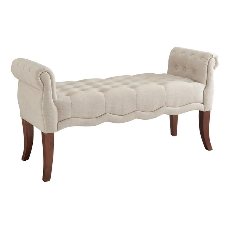 Linon Laurel Upholstered Roll Arm Bench with Walnut Wood Legs in Beige Fabric