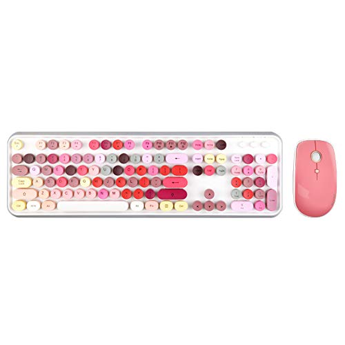 SADES V2020 White Colorful Wireless Keyboard with Round Keycaps,2.4GHz Dropout-Free Connection,Long Battery Life,Cute Wireless Moues for PC/Laptop/Mac