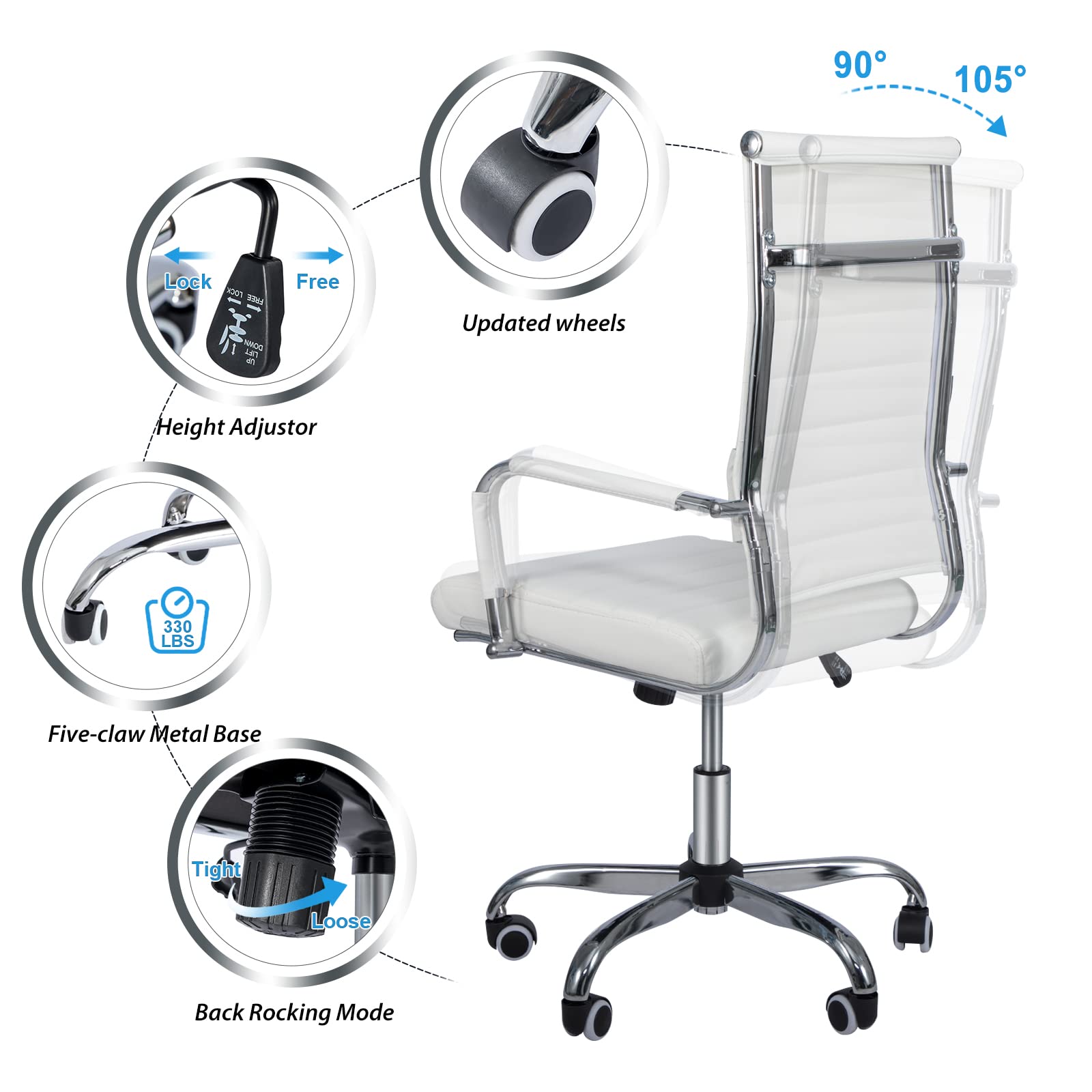 LUCKWIND Office Executive Desk Chair Ribbed - Ergonomic Modern PU Leather Conference Task Chairs Height Adjustable Tilt Rokcer Reception Swivel Arm Chair Rolling Mute (White)