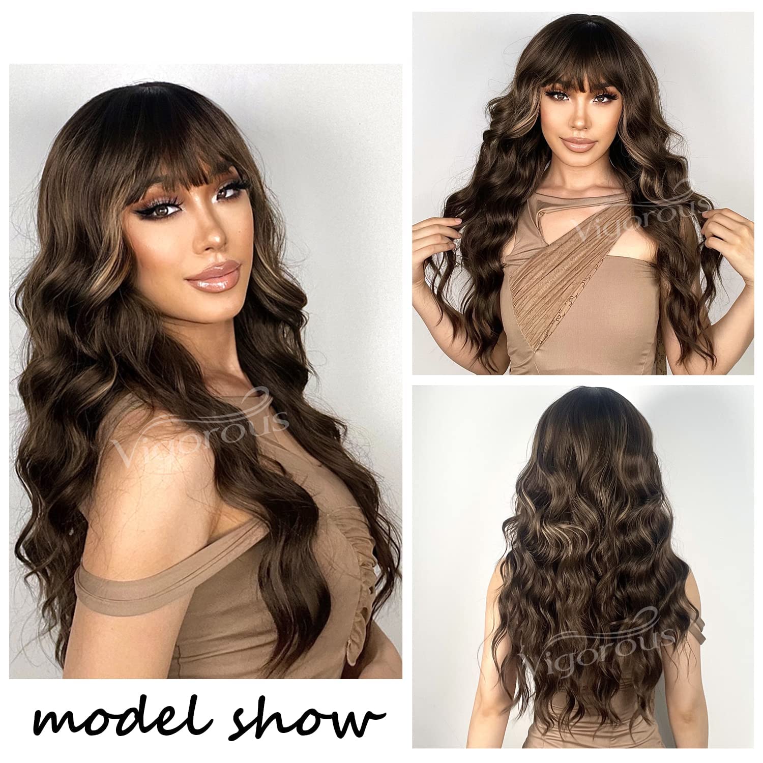 Vigorous Brown Wig With Bangs Long Wavy Wig for Women Synthetic Curly Wavy Wigs Brown Mixed Blonde color for Daily Party Use
