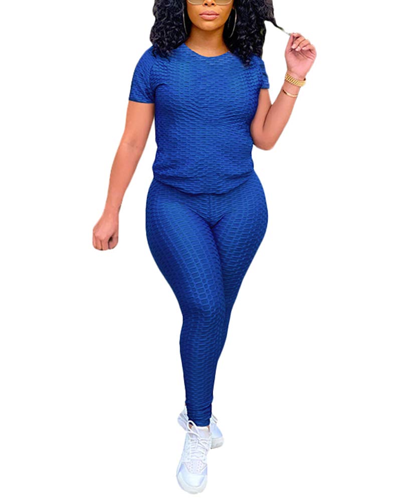 Ophestin Womens Casual 2 Piece Outfits Short Sleeve Top Leggings Tracksuit Sets Royal Blue Size XXL
