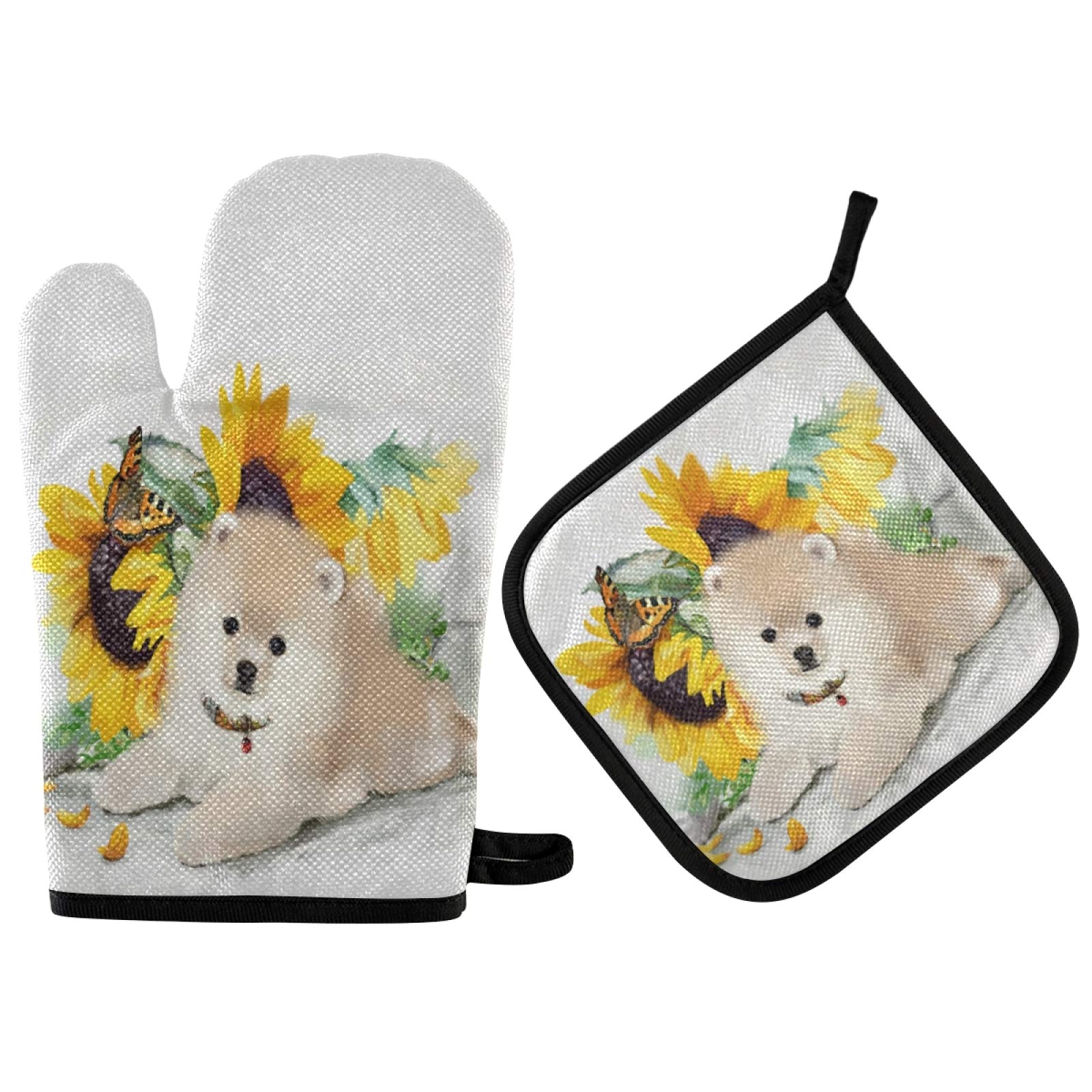 Pomeranian Watercolor Dog Oven Mitts and Pot Holders Sets Heat Resistant Non Slip Sunflowers Butterfly Oven Gloves Hot Pads Insulated Washable for Cooking Baking BBQ Decorative Kitchen Gift
