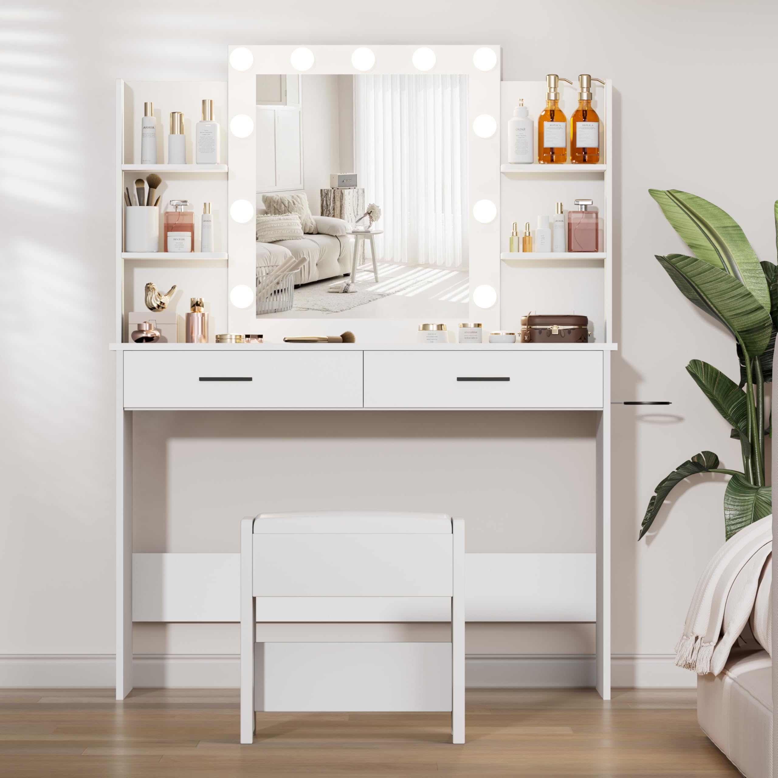 YIKEHOME Makeup Vanity Desk with Mirror and Lights, Makeup Table with 2 Large Drawers, 3 Color Modes Adjustable Bulb, Power Outlet and Round Holder, Dressing Table for Women Girls Bedroom
