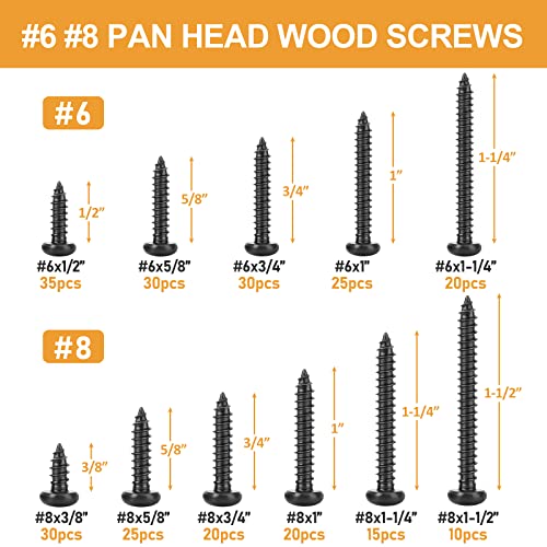 VIGRUE 260PCS #6#8 Black Wood Screw Assortment Kit, 304 Stainless Steel Pan Head Self Tapping Screws, Black Oxide