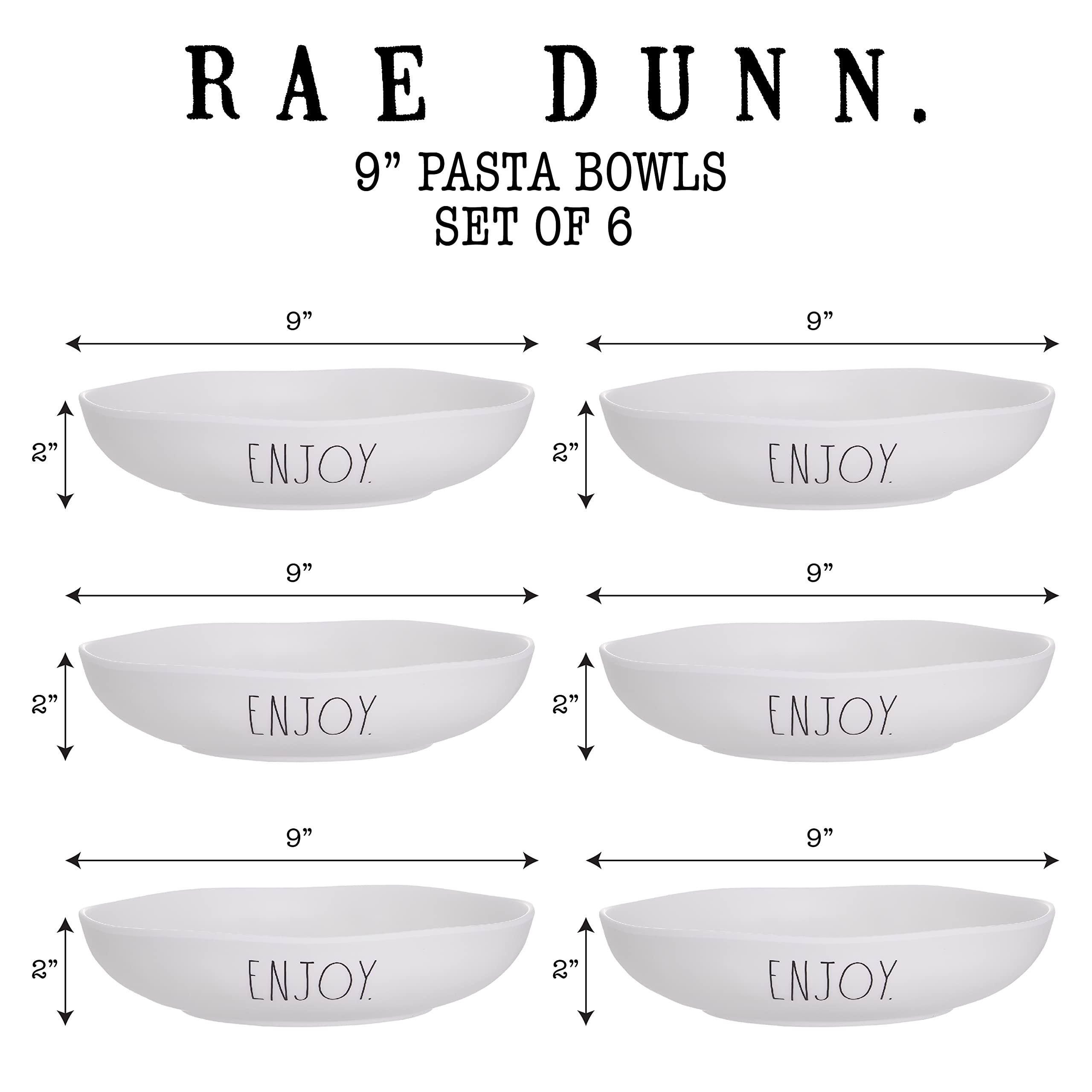 Rae Dunn Melamine Dinner Bowl - Durable Dishwasher Safe Pasta Bowls - Set of 6 (9 inch / 8.2oz) Bowls for Soup, Cereal, Pasta, Salads