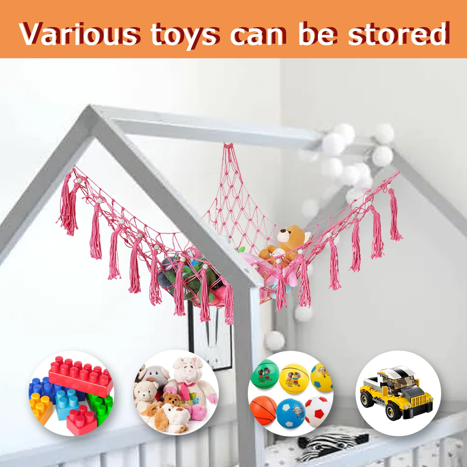 Toy Hammock Hanging Corner Net for Stuffed Animals Storage Corner Toy Corner Hammock Organizer Display Holder Net (Pink)