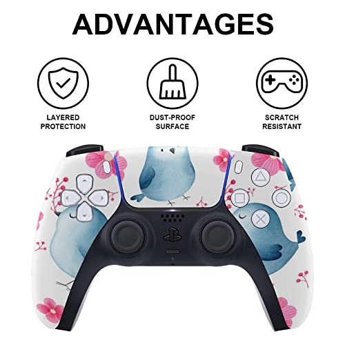 Spring Birds and Pink Flowers Full Protective Skin Cover Design Wrap Decal Sticker Compatible with PS5 Digital Edition Console and Controller