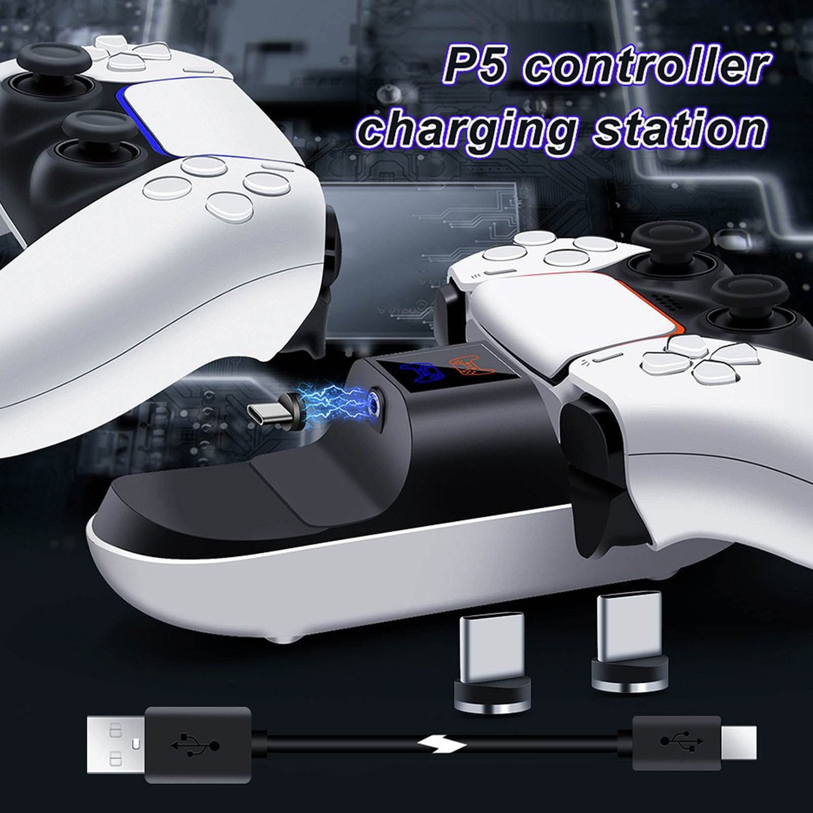 PS5 Controller Charger Station with Two Type-C Charging Dongles, PS5 Controller Fast Charging Dock with Safety Chip Protection & LED Indicator (A)