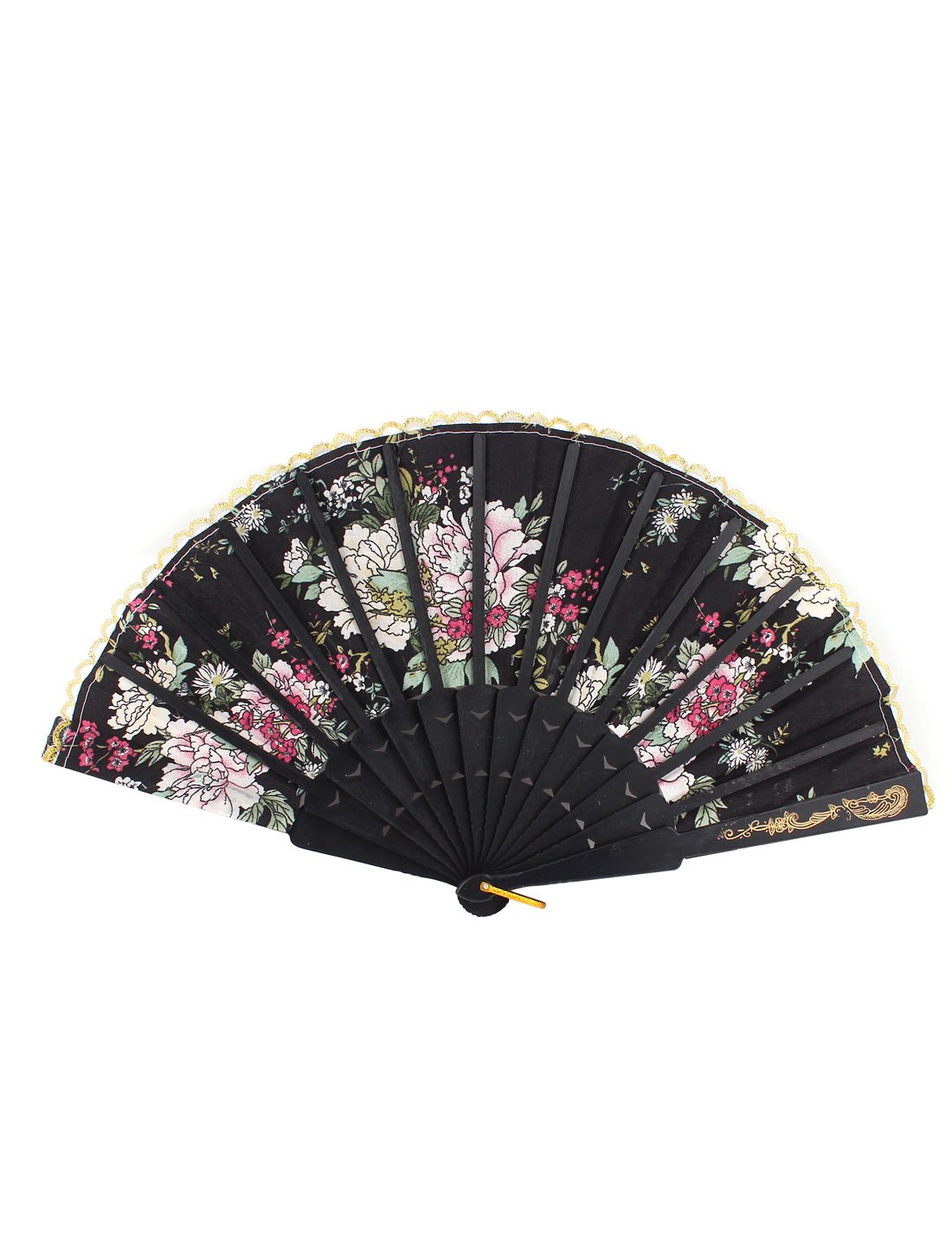 Qtqgoitem Flower Pattern Woman Showing Scalloped Rim Folding Hand Fan Black (model: a44 9e1 ca2 2d4 d4b)