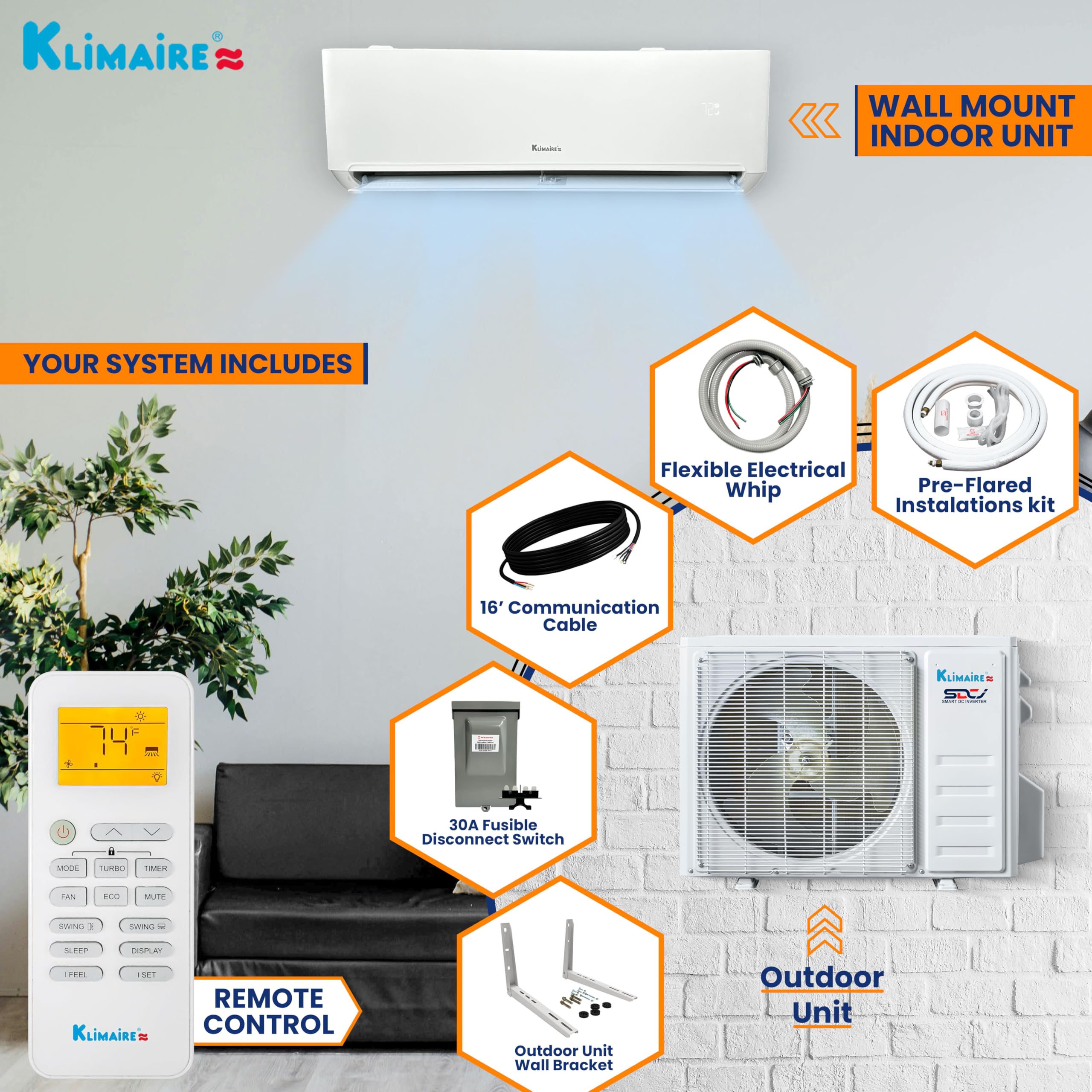Klimaire 36,000 BTU 19 SEER2 Wall Mounted Ductless Mini Split Inverter A/C Heat Pump System w/ 16β Installation Kit & Wall Mounting Bracket 230V