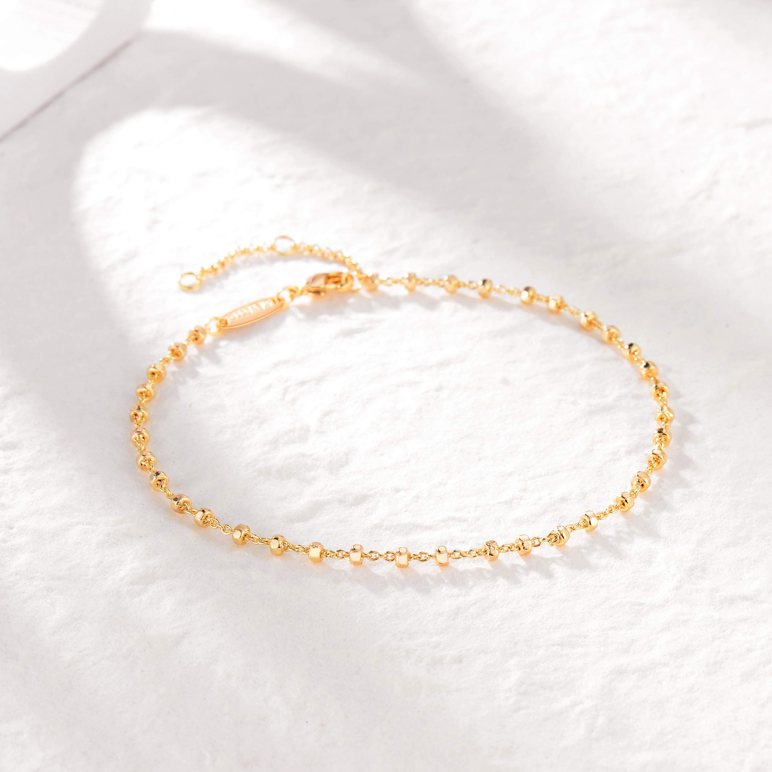 MEVECCO Gold Matt Beaded Anklet,14K Gold Plated Handmade Polyhedral Cut and Matt Beads Cute Dainty Anklet for Women