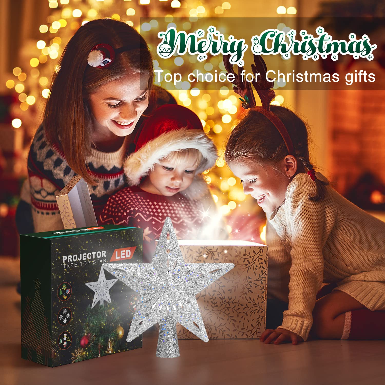 Kesfitt Christmas Tree Topper Lighted with 6 Projection Modes,Christmas Star Tree Topper Built-in LED Rotating Lights,Gold 3D Glitter Dynamic Projection for Xmas Party Holiday Decorations