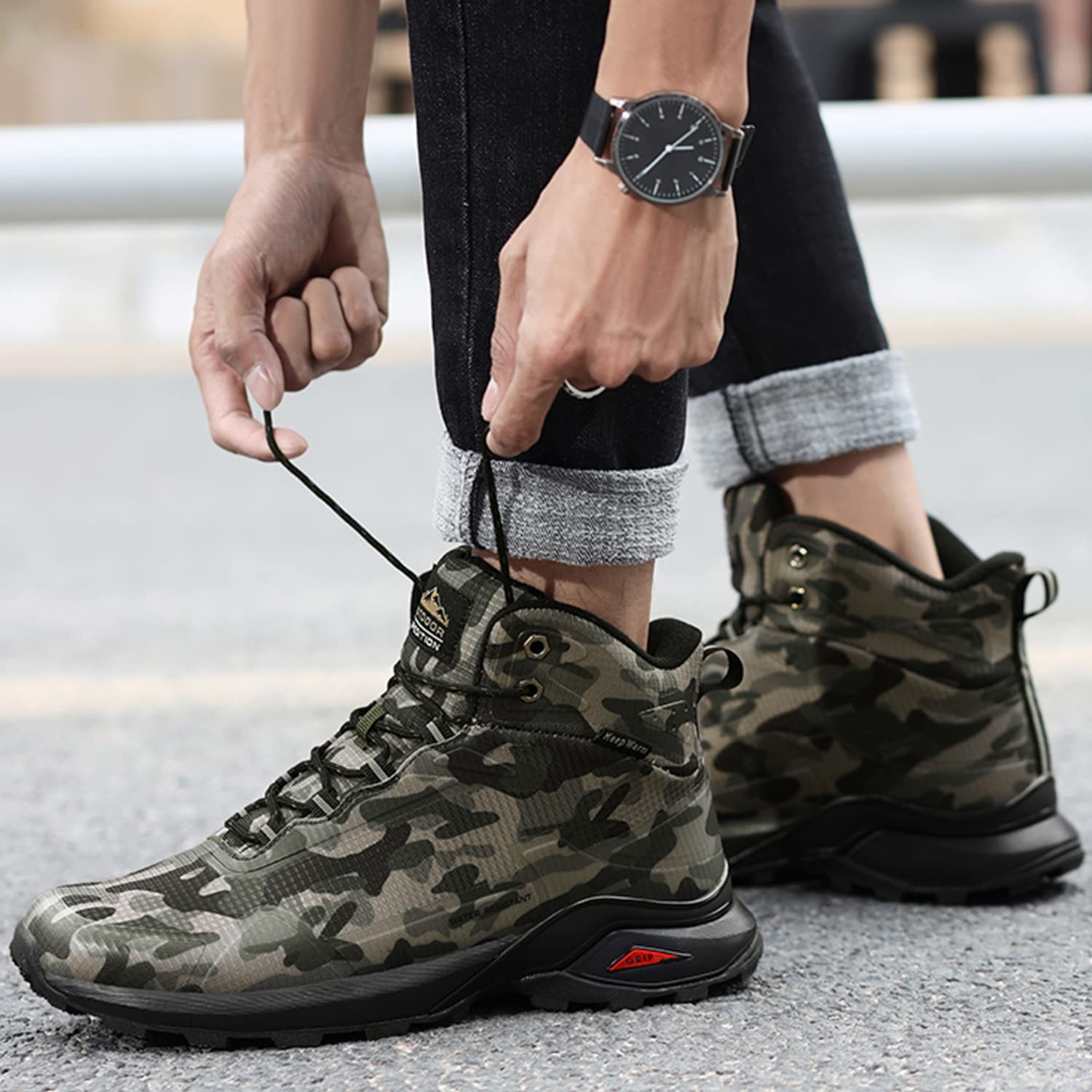 Pscownlg Men's winter snow waterproof hiking boots with fur lining to keep warm and non-slip outdoor hiking work shoes (CAMO, numeric_14)