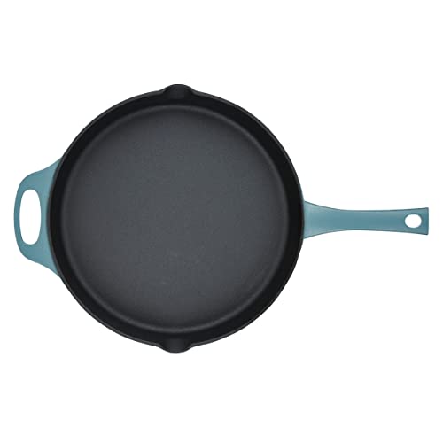 Rachael Ray NITRO Cast Iron Frying Pan/Skillet with Helper Handle and Pour Spouts, 12 Inch, Agave Blue