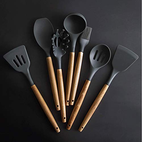LMMDP Wooden Silicone Kitchenware Cooking Sets Soup Spoon Spatula Non-stick Shovel With Wooden Handle Special Heat-resistant Design
