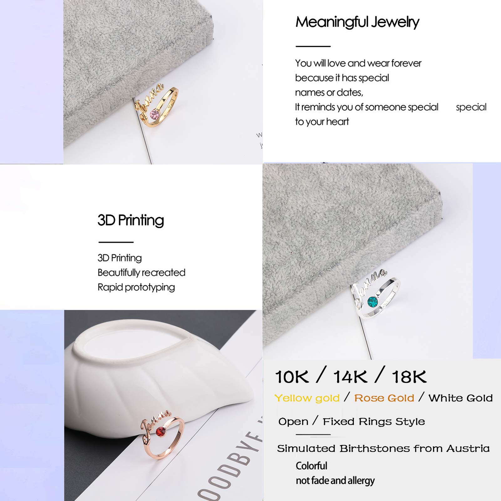 MRENITE 10k 14k 18k Solid Yellow Gold Personalized Name Ring with Crystal Birthstone β Dainty Nameplate Letters Engraving Engagement Ring- Custom Any Name Gift for Women Her