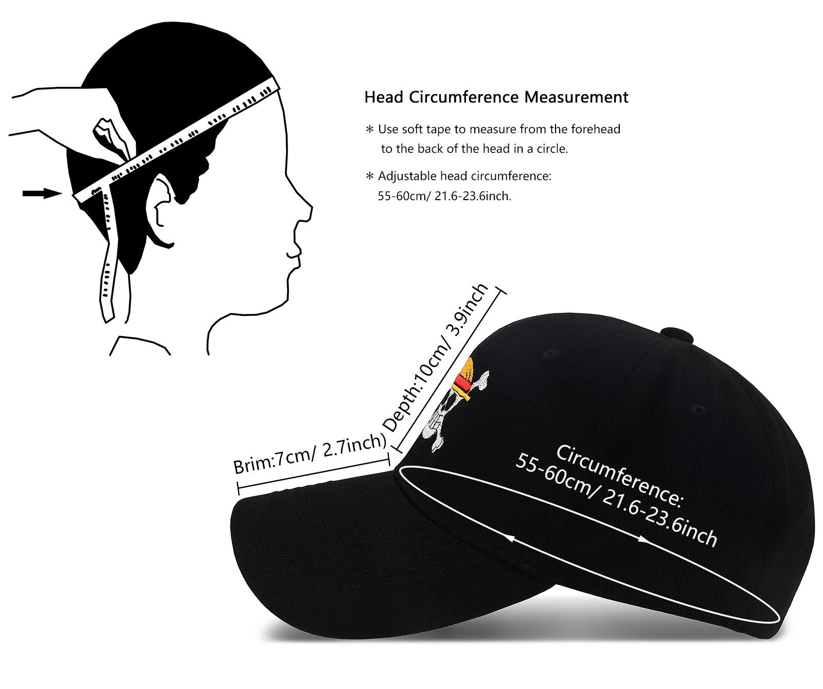 Roffatide Anime Luffy Straw Hat Crew Baseball Cap Adjustable Embroidered Cotton Baseball Hat for Men Women Black