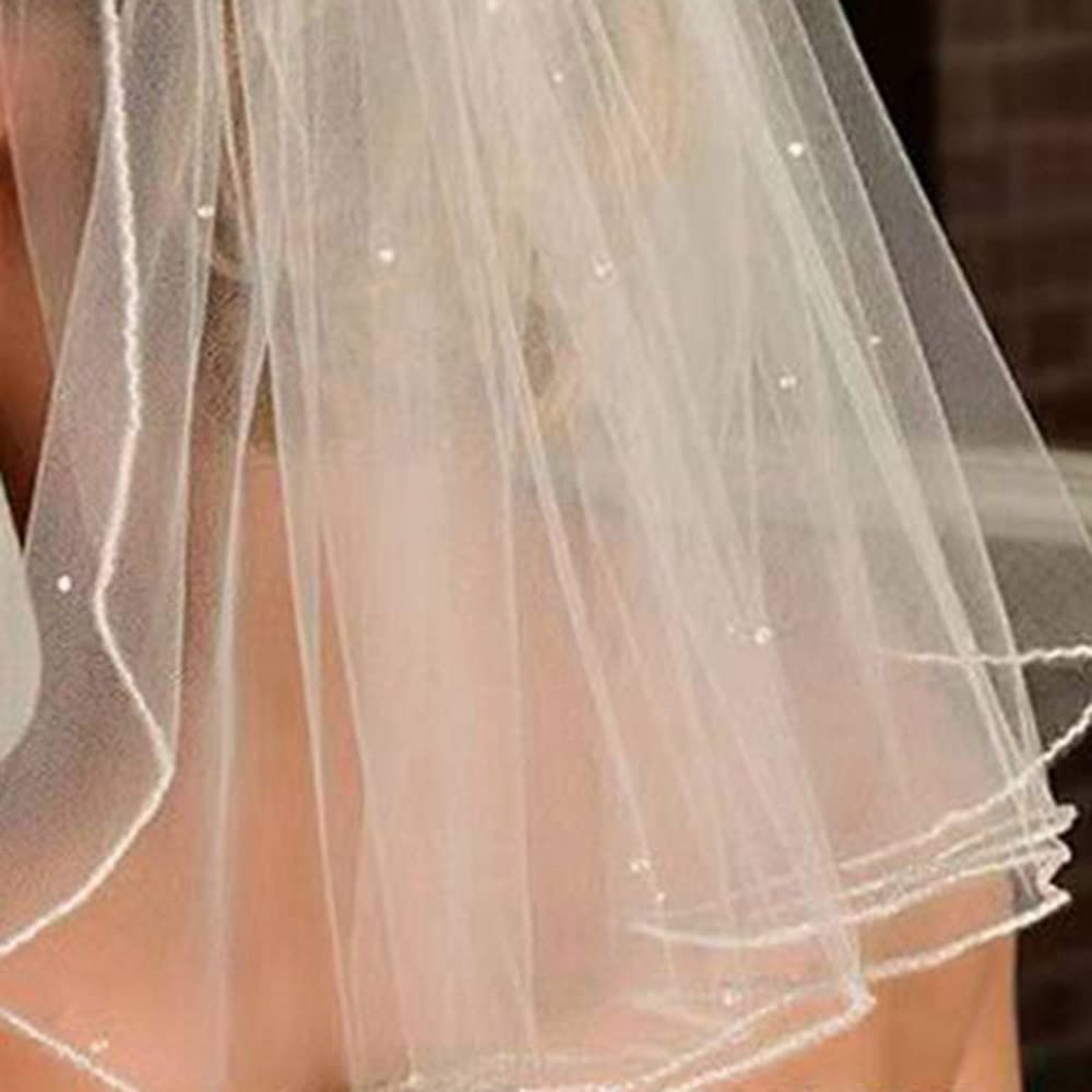 Sekhluno Wedding Veil, 1 Tier Pearl Bridal Veil with Comb Women's Short Veils (White)
