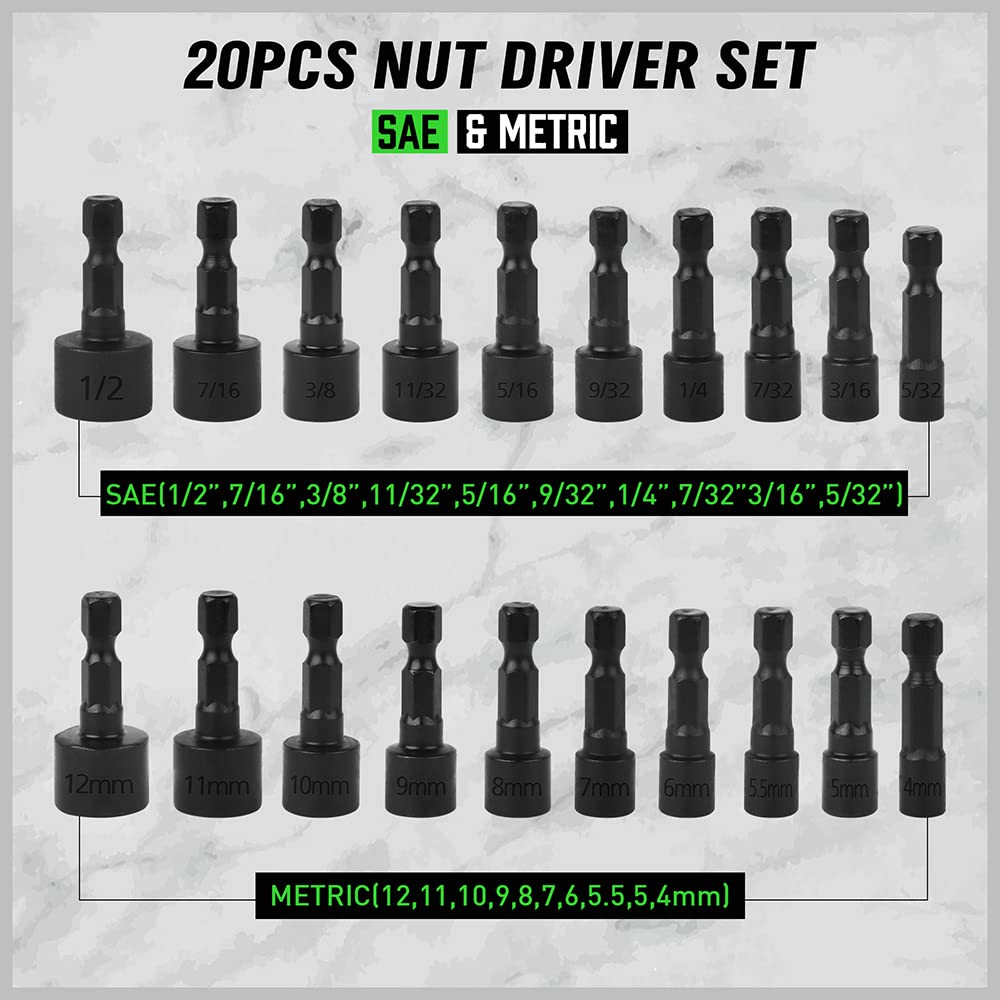 SWANLAKE 20PCS Power Nut Driver Set for Impact Drill, 1/4β Hex Head Drill Bit Set SAE and Metric