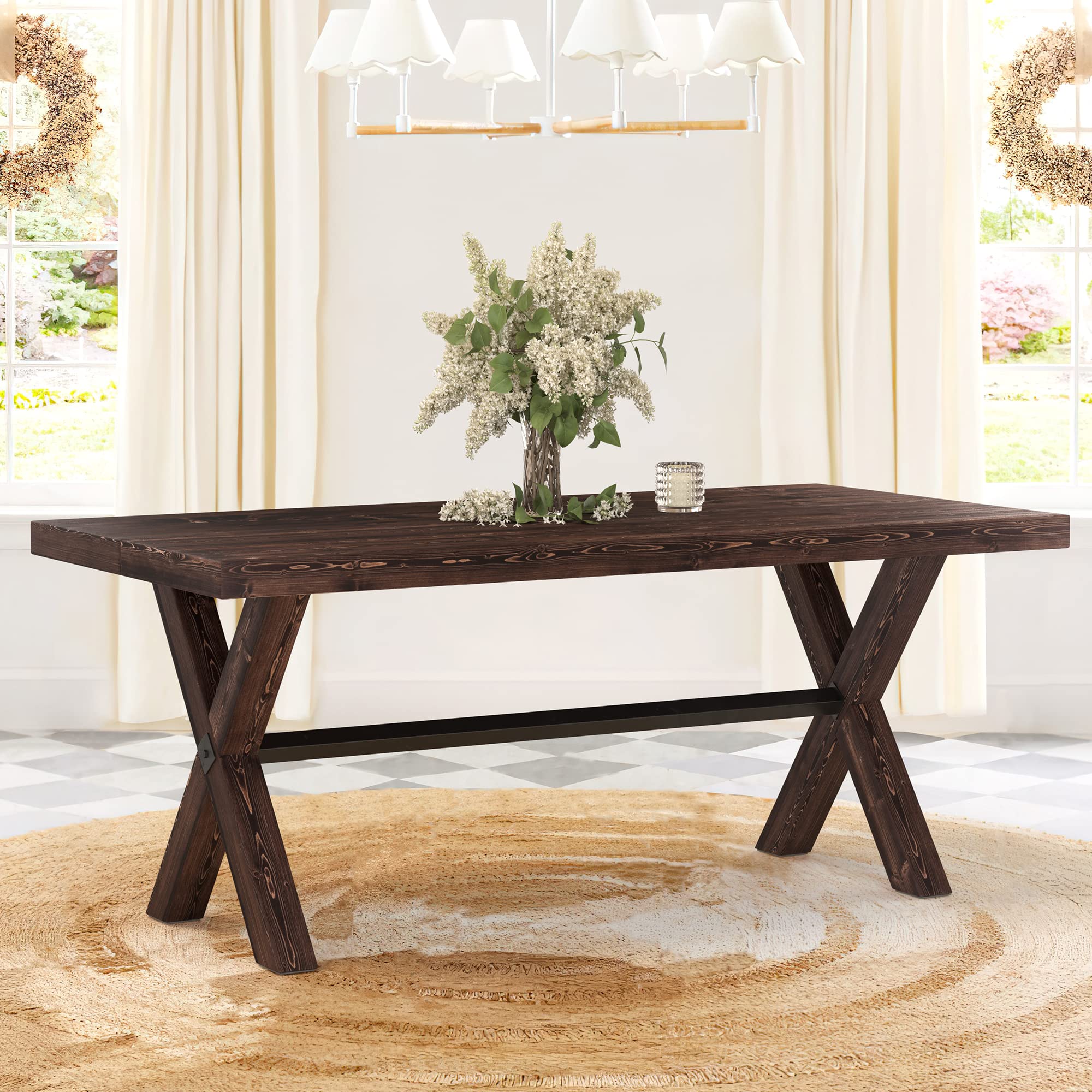 LUE BONA 71" Dining Table for 6-8 Solid Wood Farmhouse Kitchen Table with Natural Wood Grain for Home and Kitchen, Heavy Duty Rectangular Kitchen & Dining Table for Home and Dining Room Dark Brown