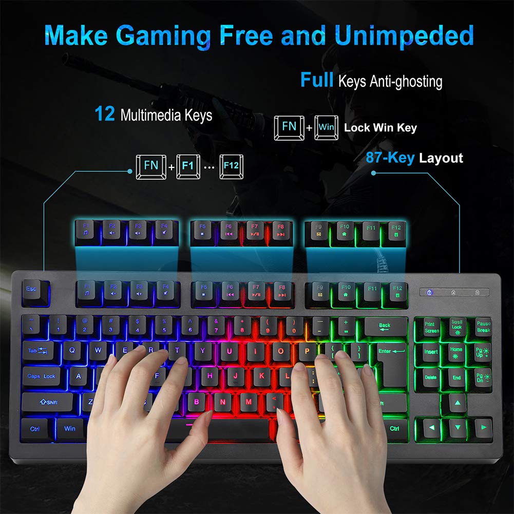 MFTEK RGB Rainbow Backlit Gaming Keyboard and Mouse Combo, LED PC Gaming Headset with Microphone, Large Mouse Pad, Small Compact 87 Keys USB Wired Mechanical Feeling Keyboard for Computer Gamer Office