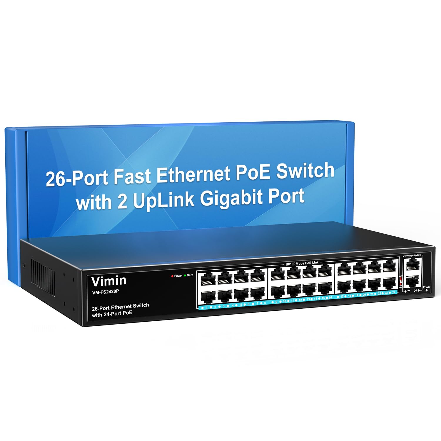 VIMIN 24 Port PoE Switch with 2 Gigabit Uplink Ports, 24 Port 10/100Mbps PoE Network Switch Unmanaged Support IEEE802.3af/at, Extend 250m, Vlan, 320W PoE Budget, Metal Case, Rackmount