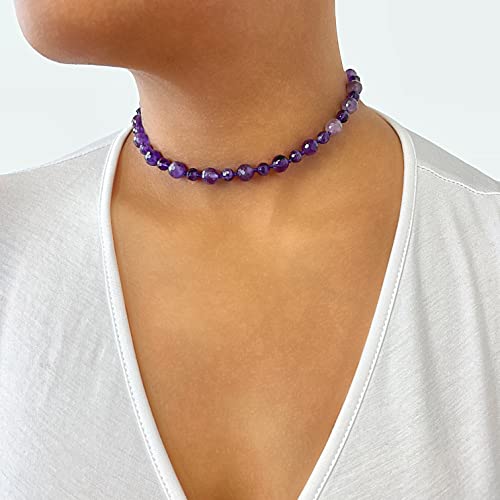 MGR MY GEMS ROCK! Beaded Semi Precious Stone Genuine Amethyst Collar or Choker Necklace for Women, 14.50" Long with 3" Extender.