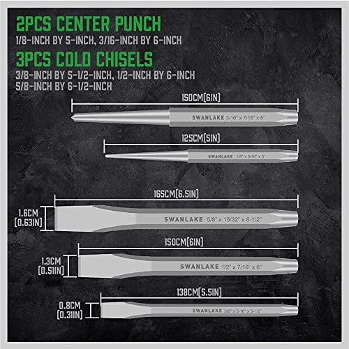 SWANLAKE Punch and Chisel Set, Including Taper Punch, Cold Chisels, Pin Punch, Center Punch (16pcs)